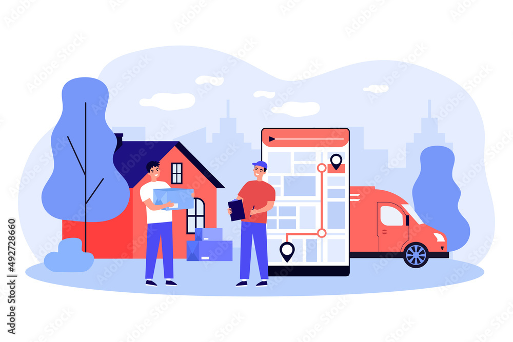 Express address shipping of parcels by courier. Man sending boxes by ...