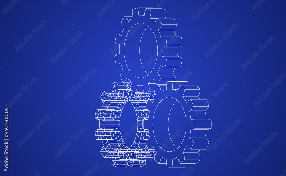 Vector illustration of gears line art on blue background representing a ...