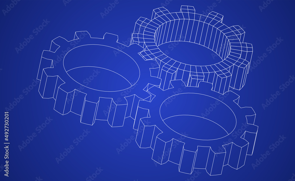 Vector illustration of gears line art on blue background representing a ...