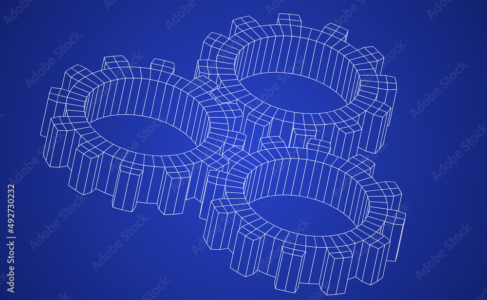 Vector illustration of gears line art on blue background representing a ...
