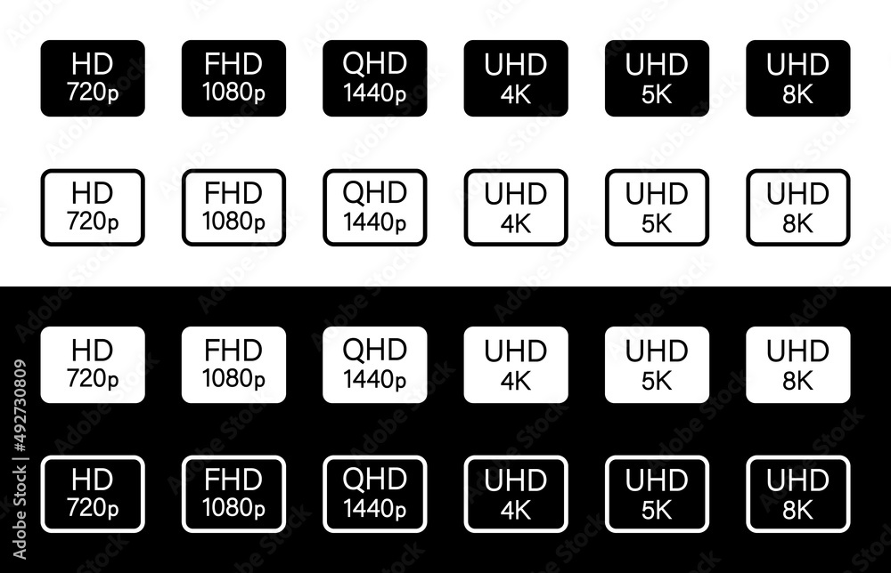 4k, hd, ultra hd, full, 8k video resolution icons. Logos of video ...