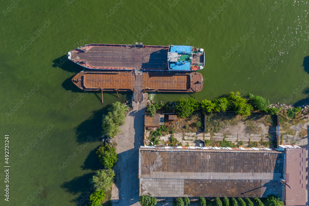 Nikopol river port from above. Photo of barges in the water. Summer ...