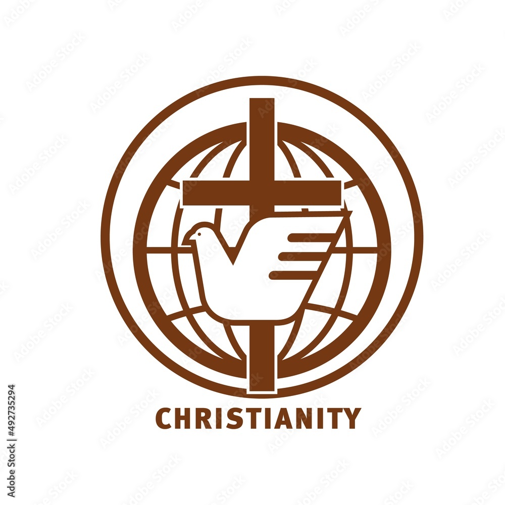 Christianity icon of cross and dove, religious vector symbol of ...