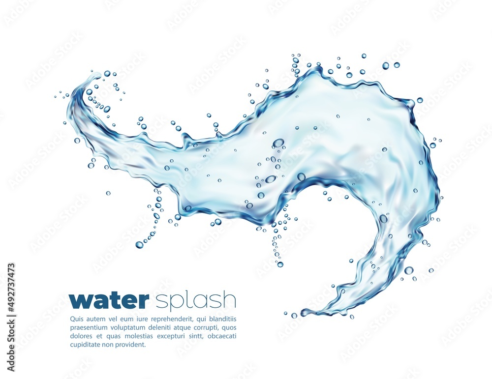 Isolated blue water wave splash with splatters. Clean vector liquid 3d ...