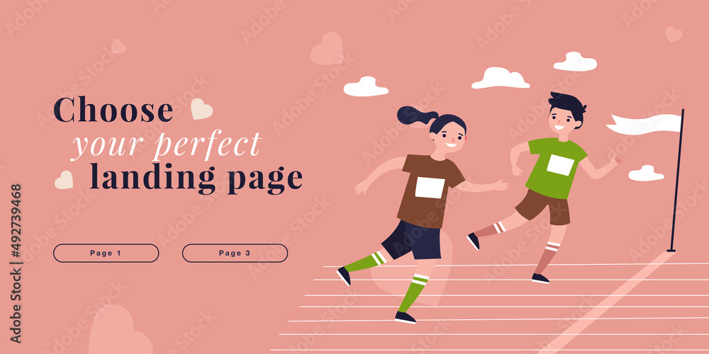 Kids runners running fast to finish line on marathon race. Happy boy ...