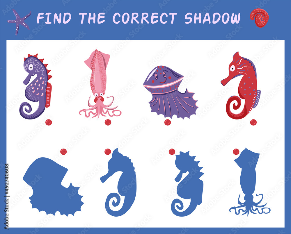 Educational matching game for children. Find the correct shadow ...