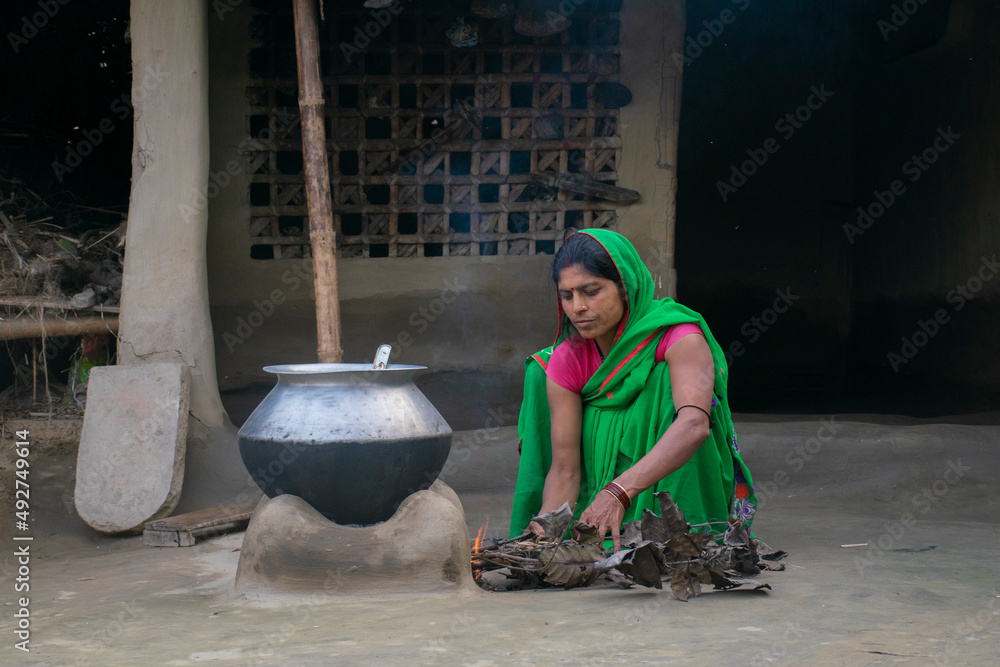 Rural Indian Woman cooking food in the Kitchen using firewood stove ...
