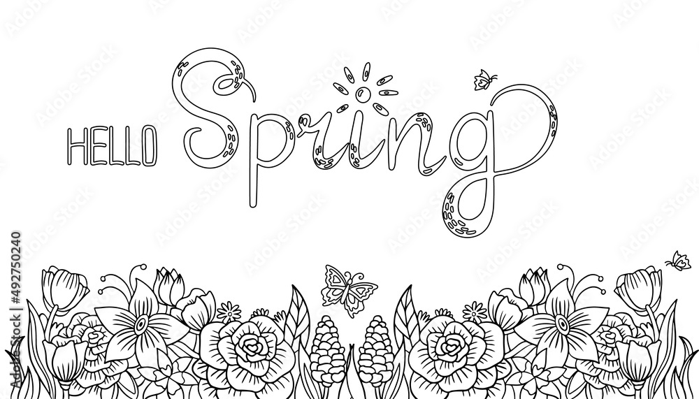 Season banner hello spring with garden flowers and lettering. Coloring ...