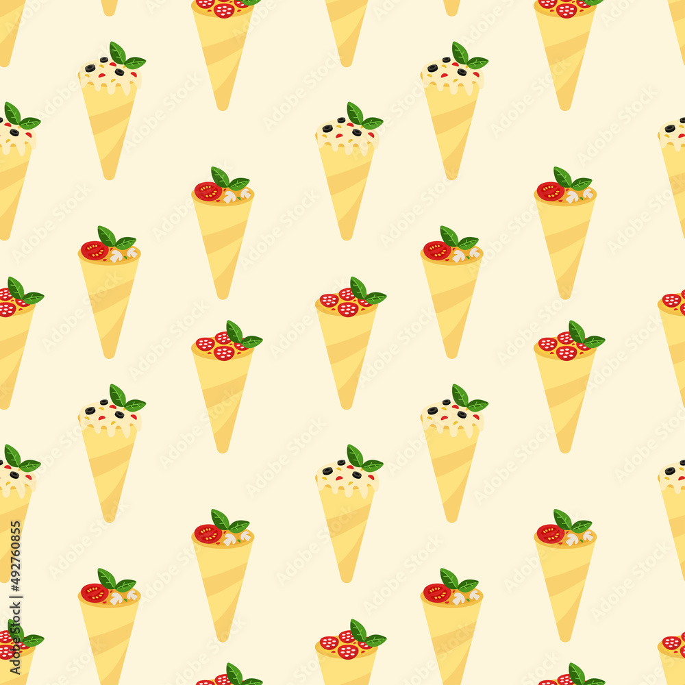 Seamless pattern with pizza cones on yellow background. Modern design ...