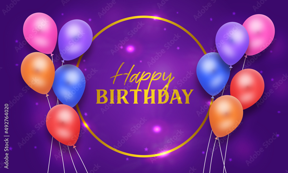 Realistic happy birthday background design with balloons and lights ...