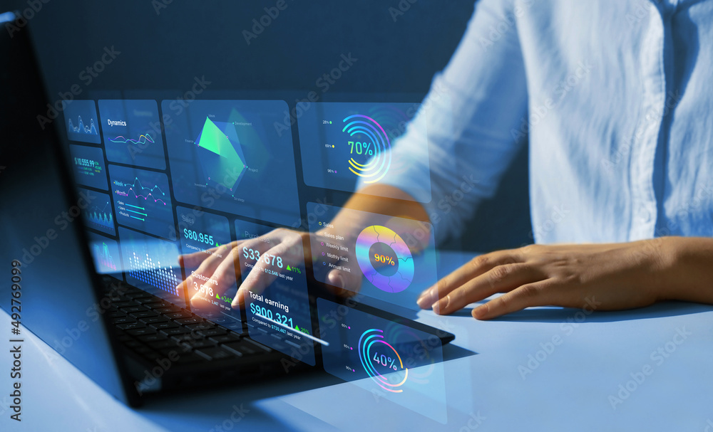 Dashboard infographic. Business person analysing financial data on ...