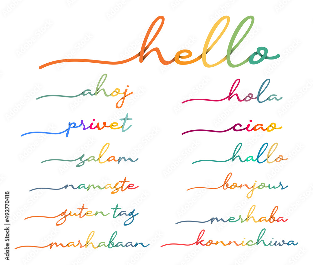Hello Handwriting Colorful Vector Calligraphy. Marhaba Hallo Bonjour ...