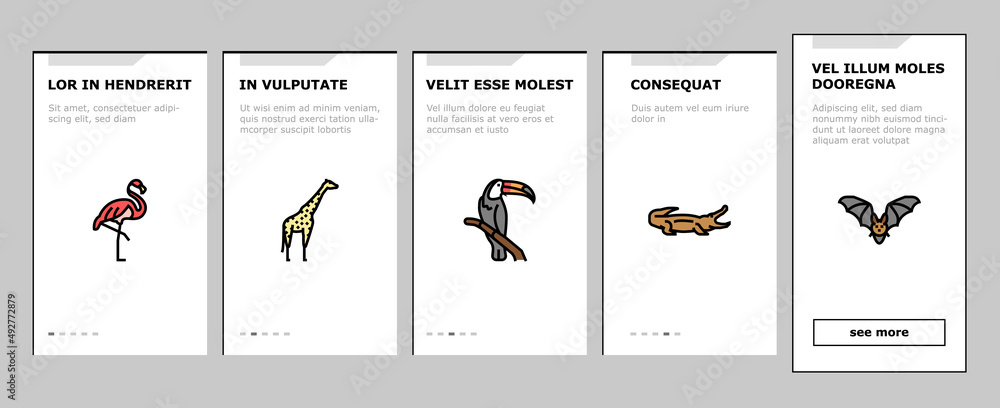 Zoo Animals, Birds And Snakes Onboarding Mobile App Page Screen Vector ...
