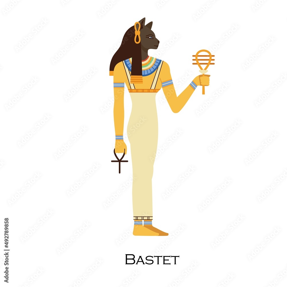 Bastet, Ancient Egyptian goddess of lioness. Female cat-head deity. Old ...