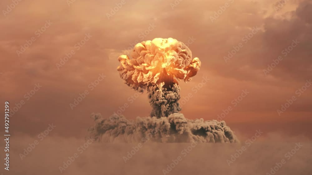 massive nuke bomb test explosion with film look and a large shockwave ...