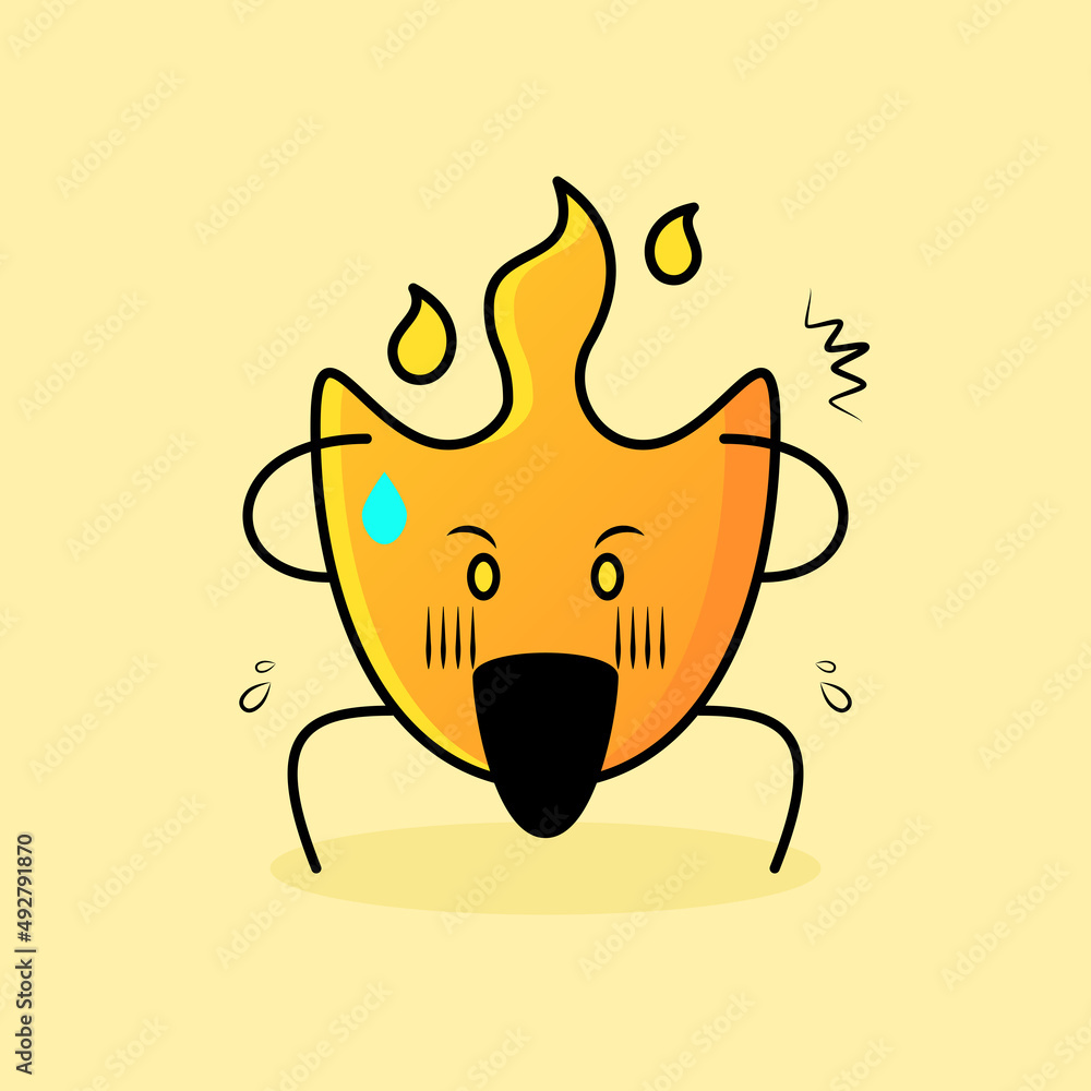 cute fire cartoon with shocked expression. hands on head and mouth open ...