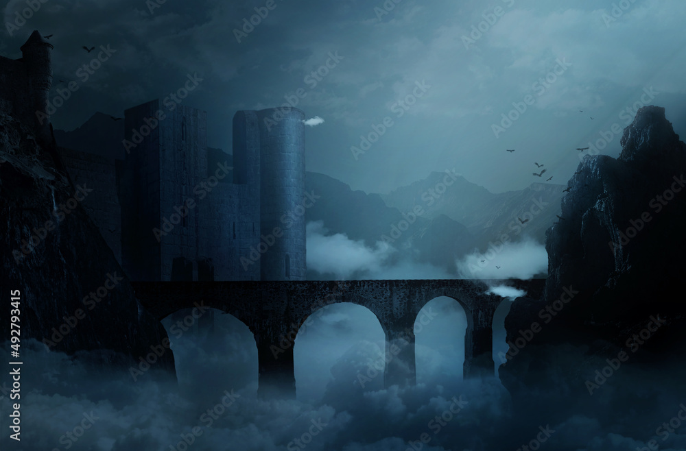 Bridge and castle in night fog, smoke. Scary and mystic theme ...