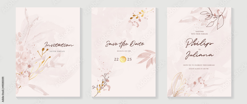 Floral and botanical line art invitation card template. Set of hand ...