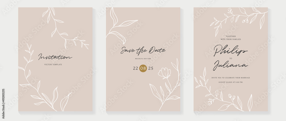 Floral and botanical line art invitation card template. Set of hand ...