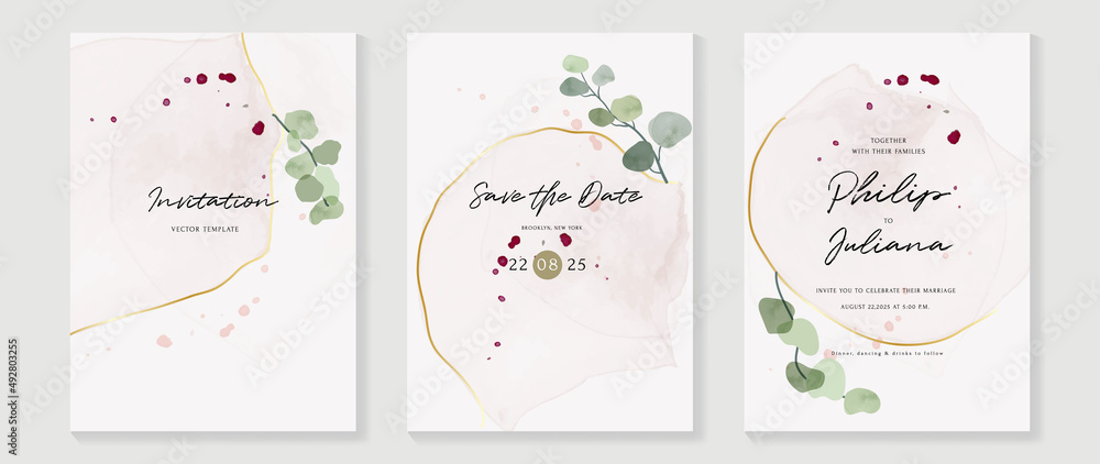 Floral and botanical line art invitation card template. Set of hand ...