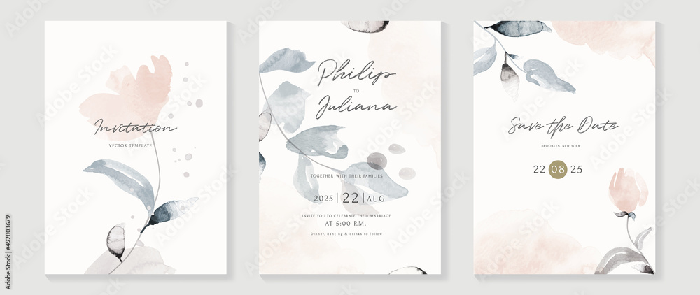 Floral and botanical line art invitation card template. Set of hand ...