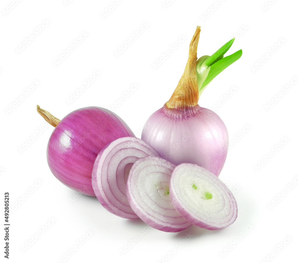 Peeled red sweet onion, sprouting bulb and rings isolated on white ...