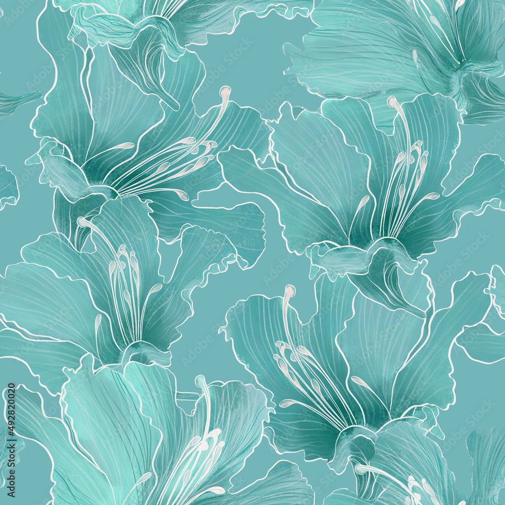 Seamless trendy patterns with teal turquoise azalea and rhododendron ...