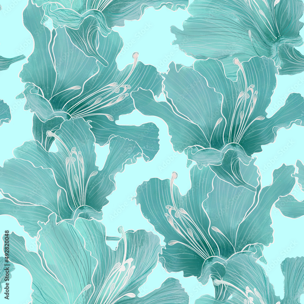 Seamless trendy patterns with teal turquoise azalea and rhododendron ...