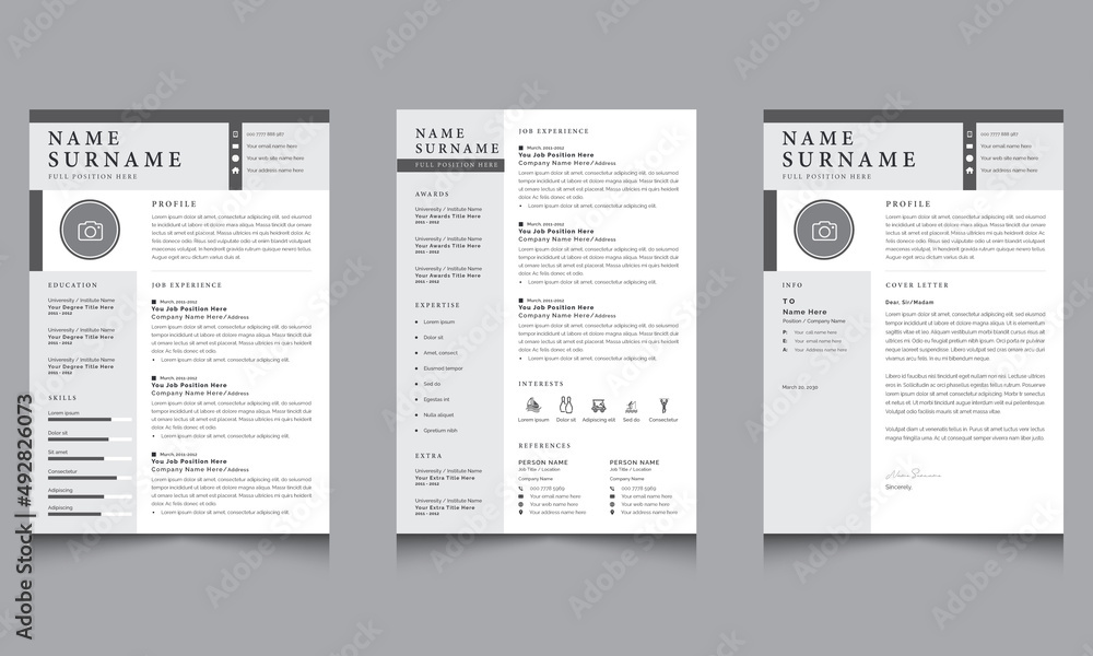 Professional CV, Clean Resume, Cover Letter Layout Set with Grey Header ...