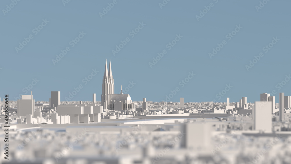 White 3D city model of Cologne. Telephoto lens side view with Cologne ...