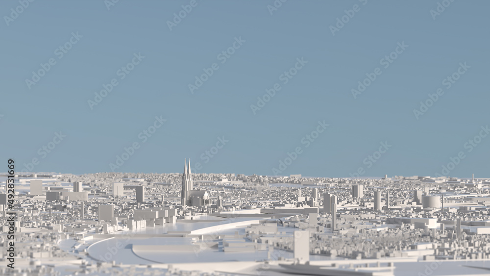 White 3D city model of Cologne. Side view with the Cologne Cathedral in ...