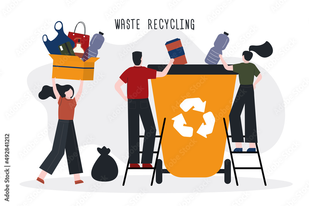 Cartoon people sorting and throwing garbage in can. Recycling and sort ...