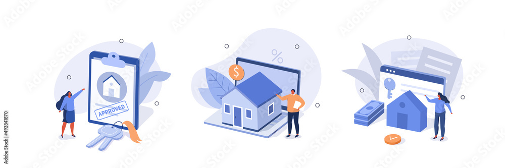 Mortgage process illustration set. People buying property with mortgage ...