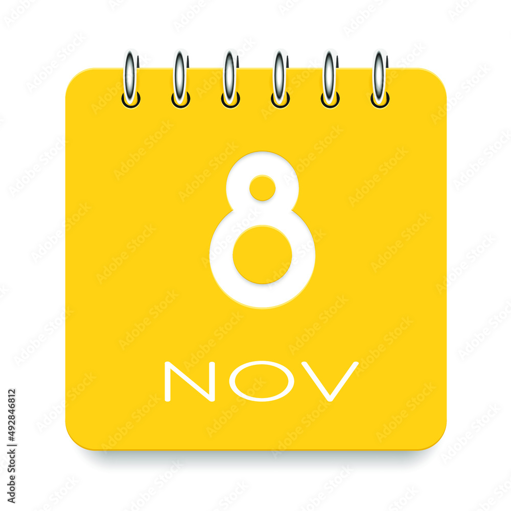 8 day of the month. November. Cute yellow calendar daily icon. Date day ...