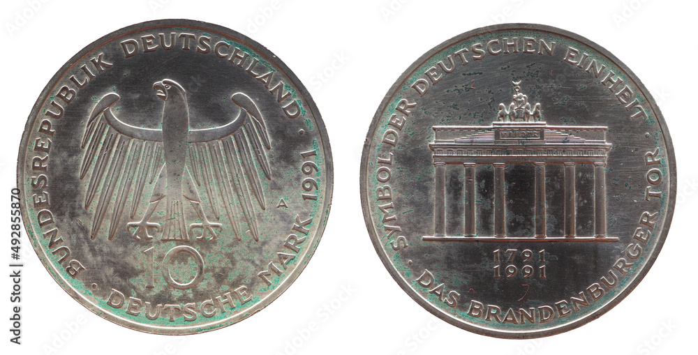 Germany - circa 1991 : a 10 German Mark coin of the Federal Republic of ...
