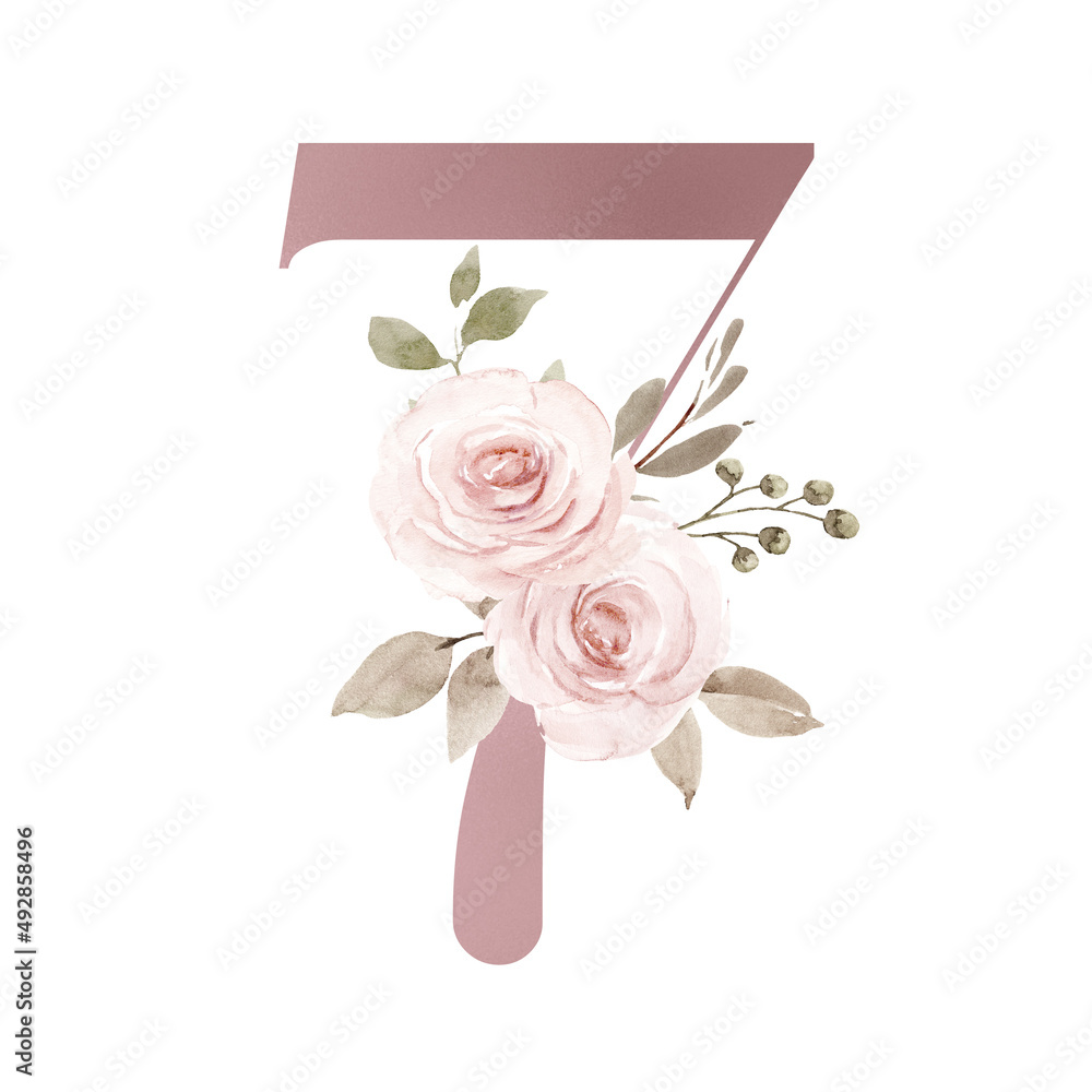 Pink number 7 with watercolor flowers roses and leaf. Perfectly for ...
