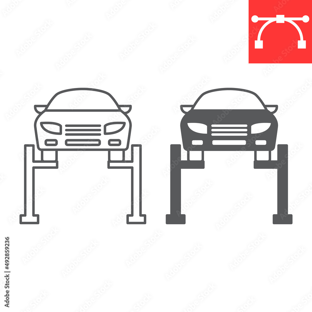 Car lifting line and glyph icon, vehicle service and repair, car ...