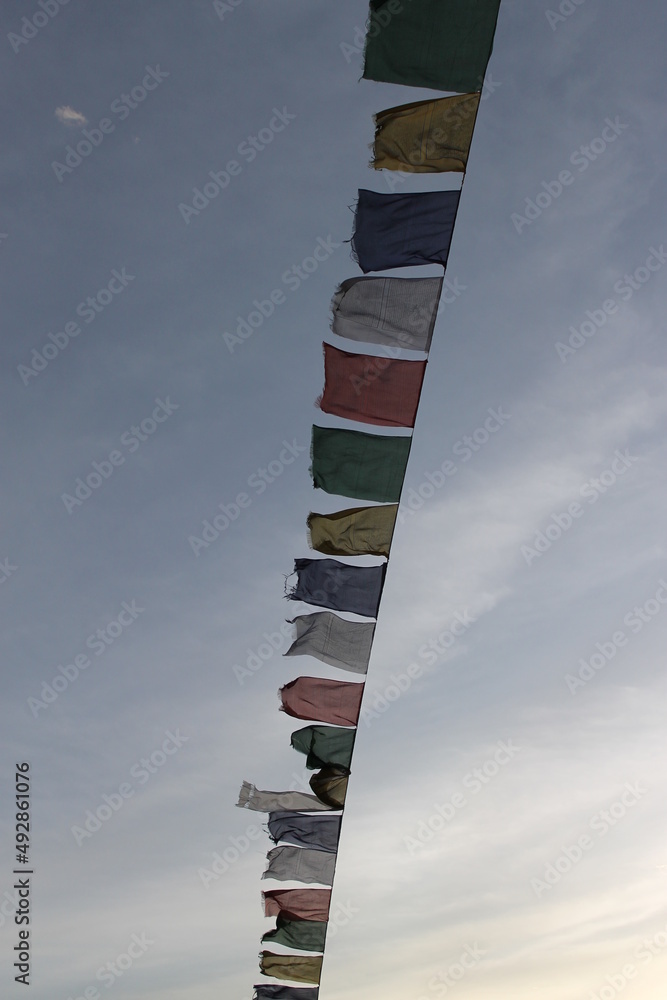 Buddhist famous colorful flags for good luck with prayers fluttering in ...