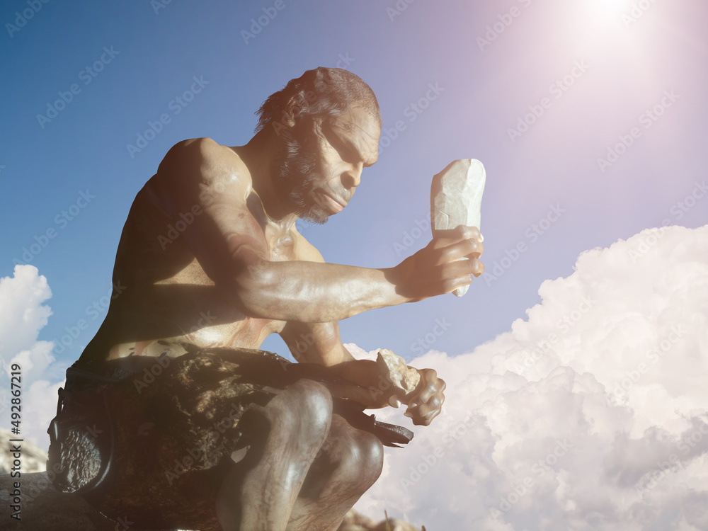 ancient primitive caveman with the stone in his hands render 3d Stock ...