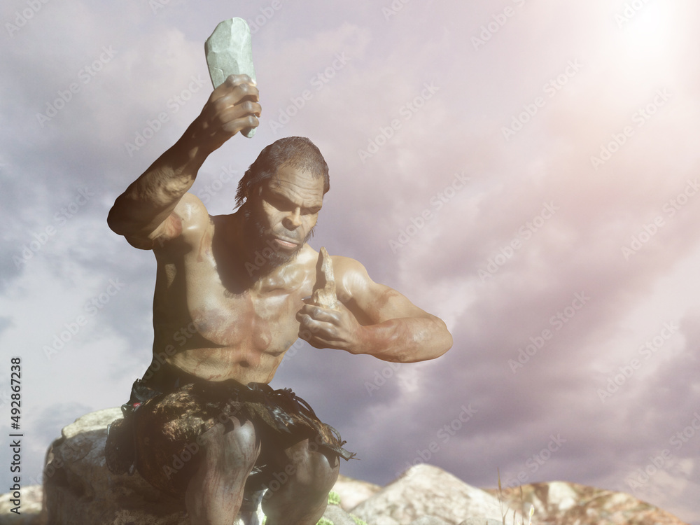 ancient primitive caveman with the stone in his hands render 3d Stock ...