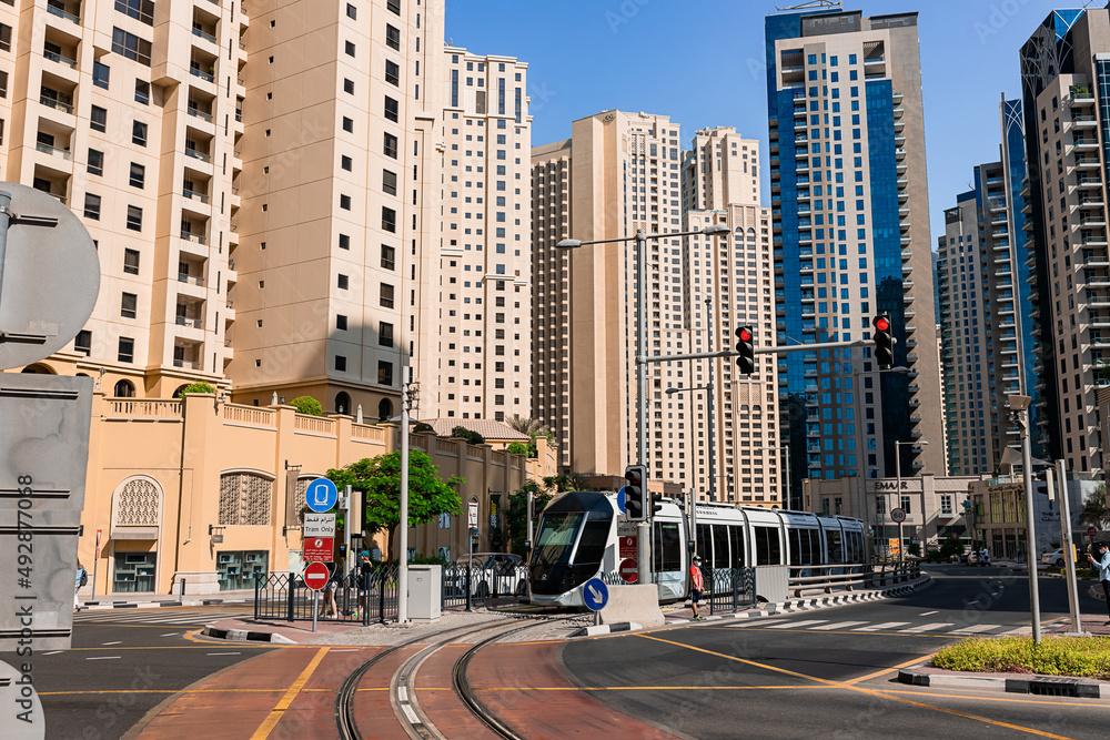 Dubai, UAE - November 06, 2021: Dubai Tram public transport transit ...
