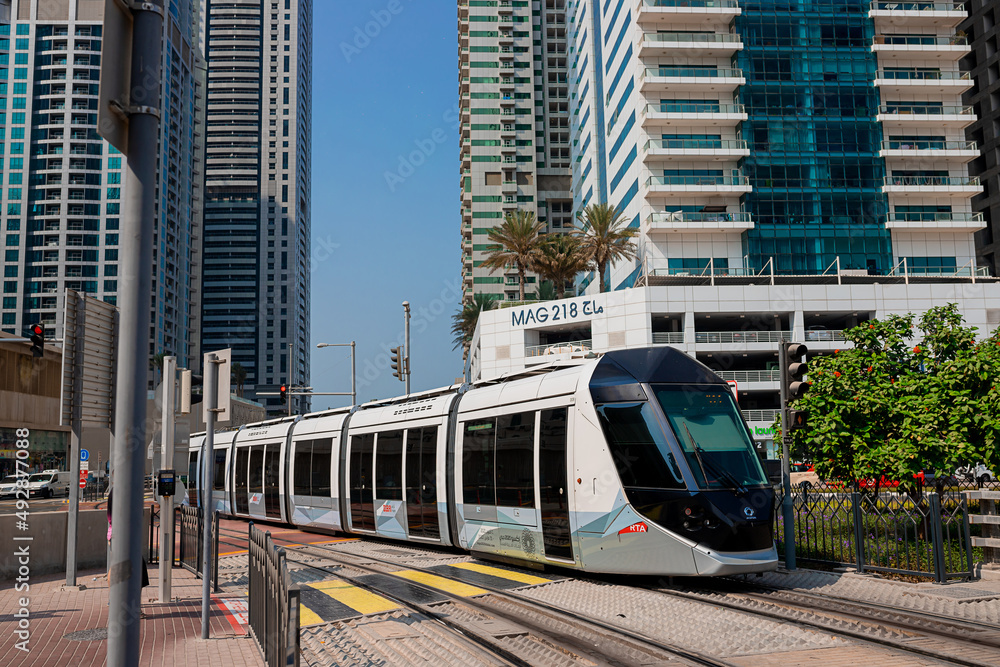 Dubai, UAE - November 06, 2021: Dubai Tram public transport transit ...