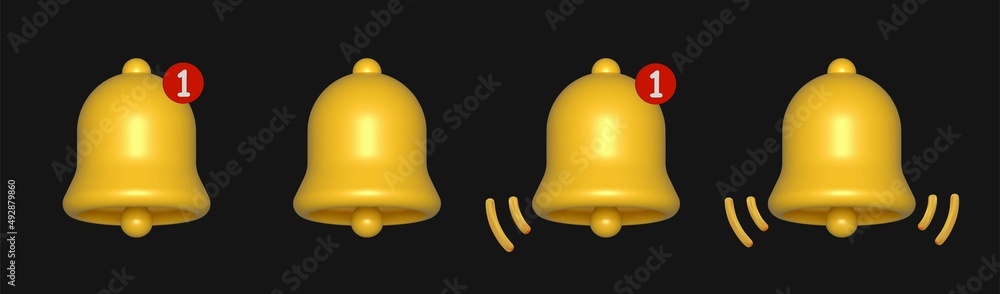 3d notification bells front view set isolated on black background ...