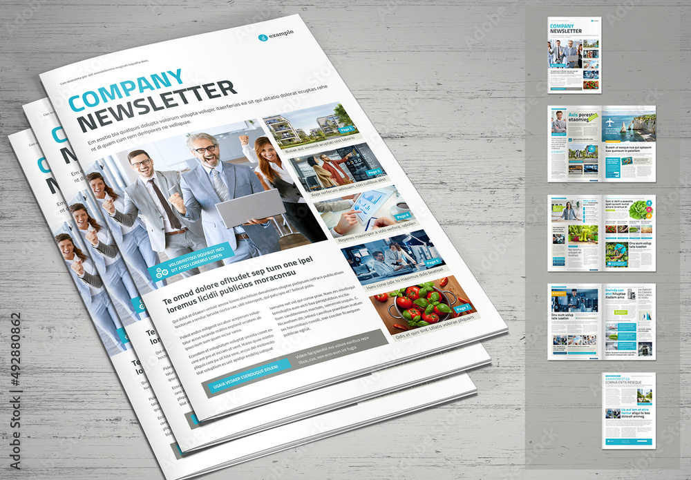 Newsletter Layout in Bright Colors with Cyan Accents Stock Template ...