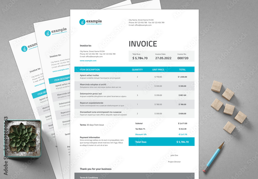 Invoice Layout in Bright Colors with Cyan Accents Stock Template ...