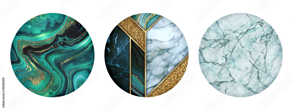 set of round stickers with marbling decor, abstract geometric designs ...