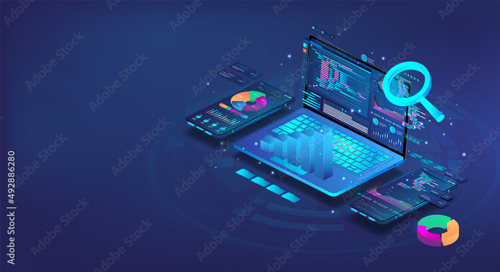 3D Data analytics on different devices phone or laptop in isometry ...