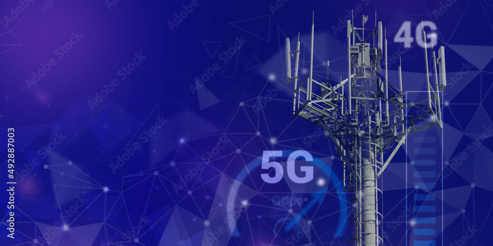 Telecommunications tower with 4G, 5G transmitters, cellular base station with transmitter ...