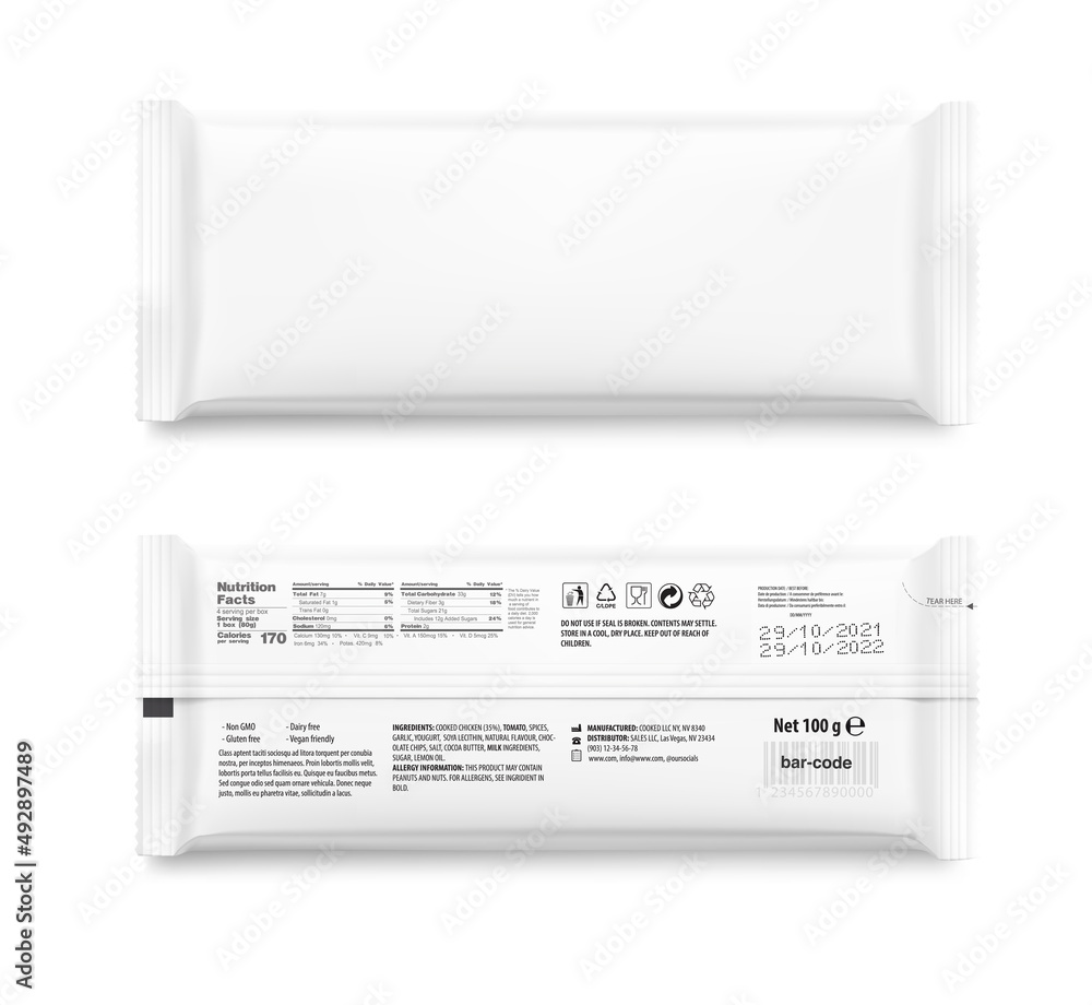 Hight realistic flow packaging mockup. Front and back side. Vector ...