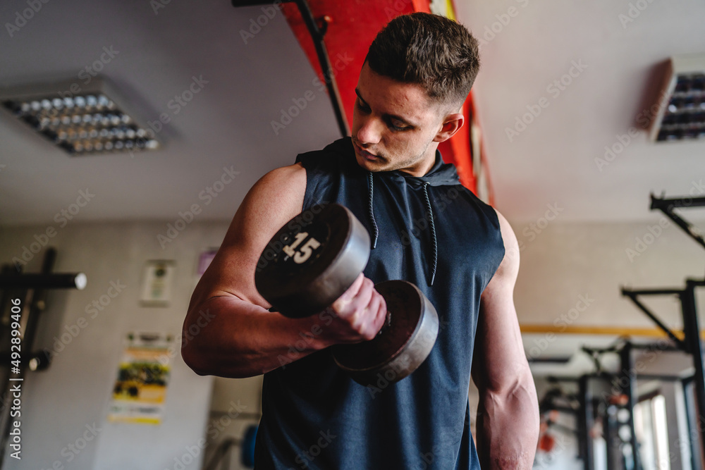 One man young adult caucasian male bodybuilder training arms bicep ...